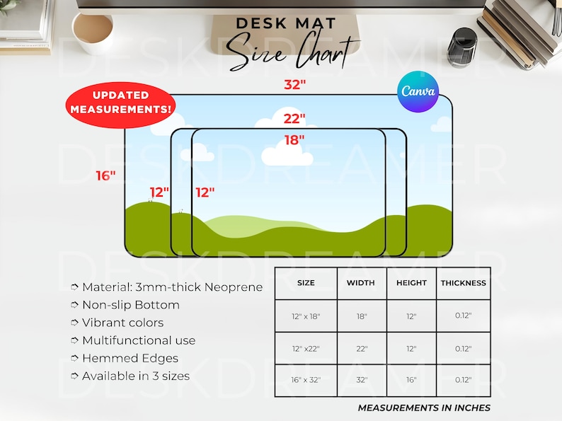 Desk Mat Size Chart Mockup, Gaming Mousepad Printify POD Oversized ...