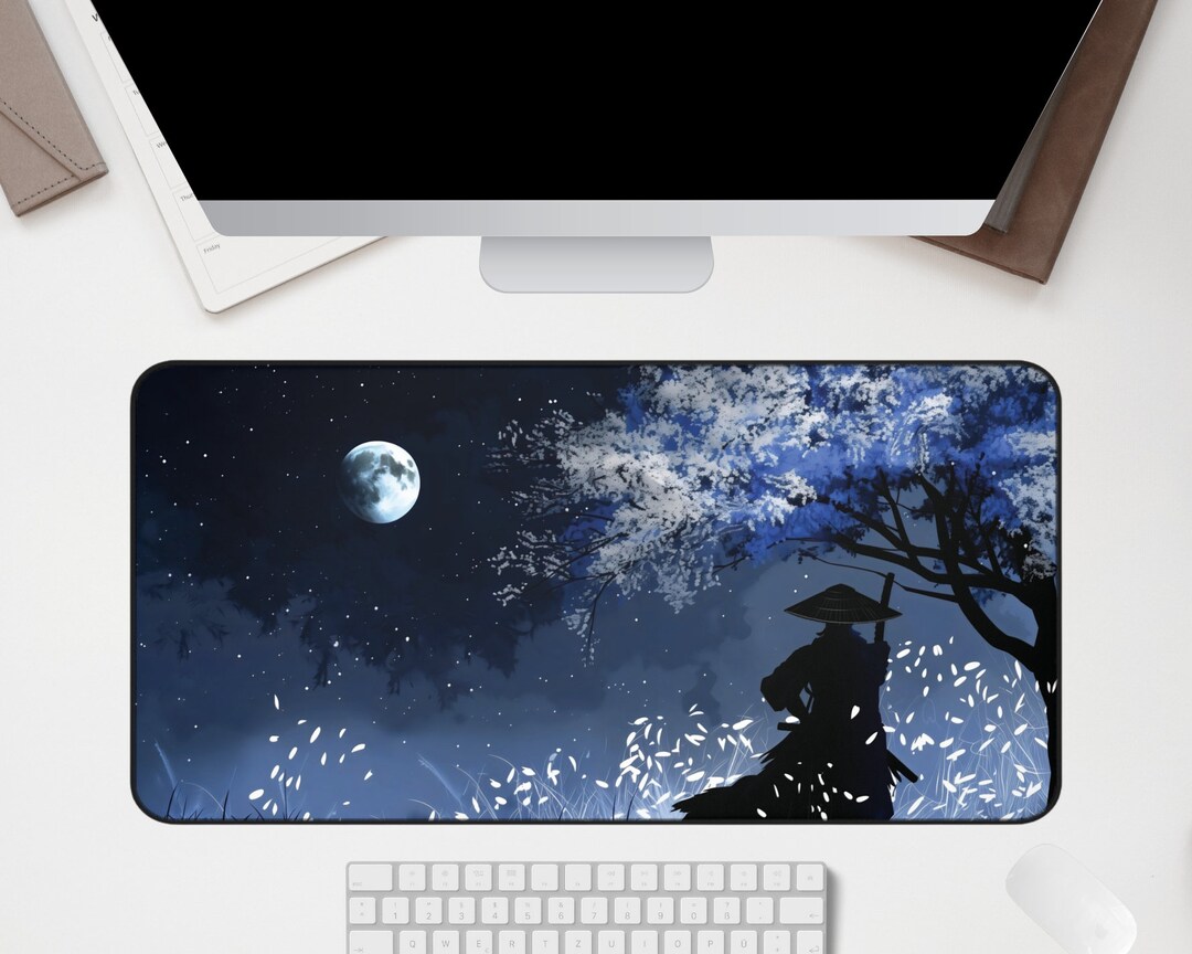 Winter Samurai Desk Mat Anime Fantasy Dark Full Moon Desk Pad Floral ...
