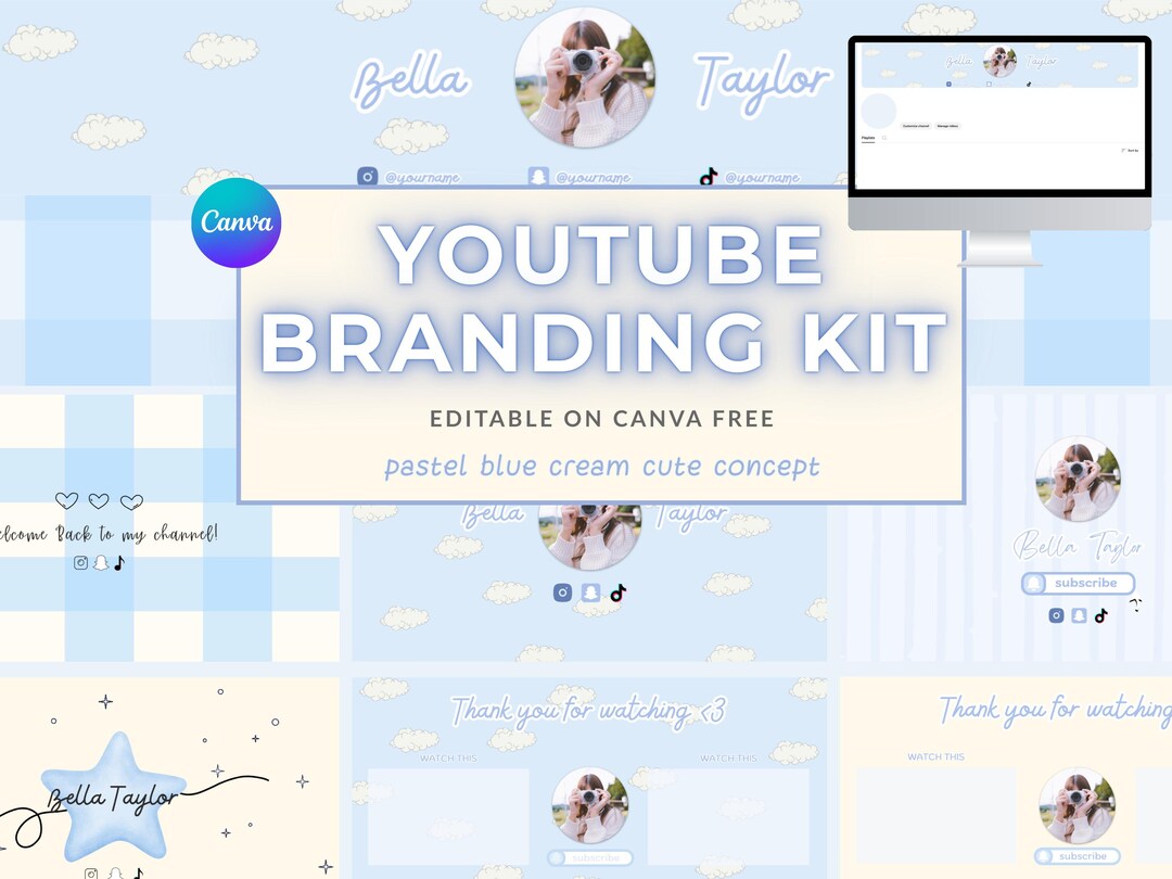 Pastel Blue Youtube Branding Kit - Youtube Banner, Intro & Outro ...