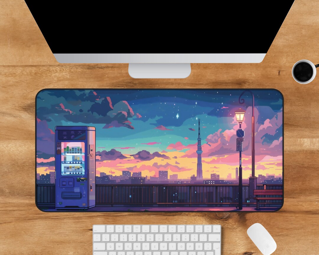 Vending Machine Pixel Art Desk Mat Pastel Sky Cityscape Desk Pad Retro ...
