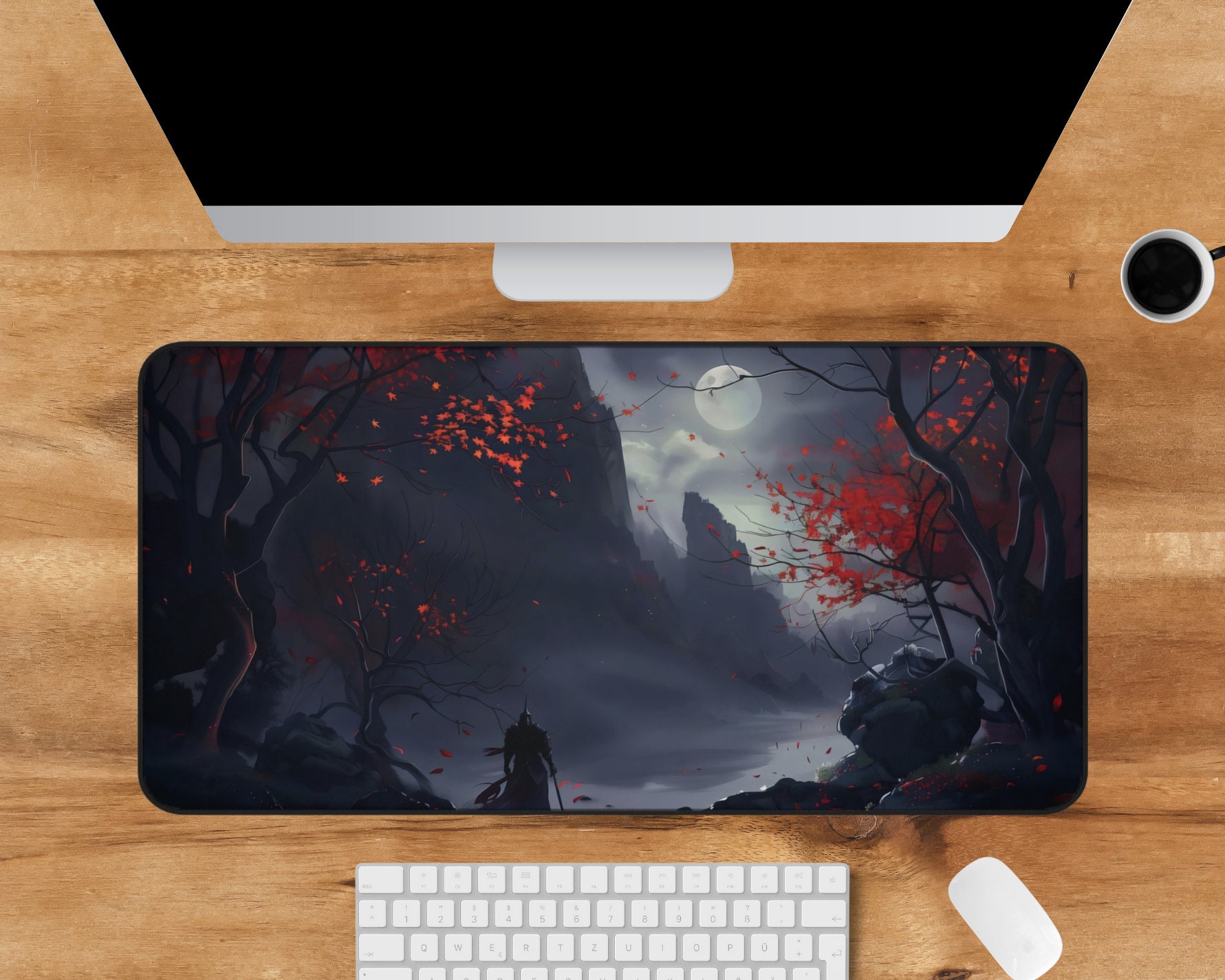 Samurai Dark Fantasy Desk Mat Post Apocalypse Full Moon Desk Pad Gothic ...