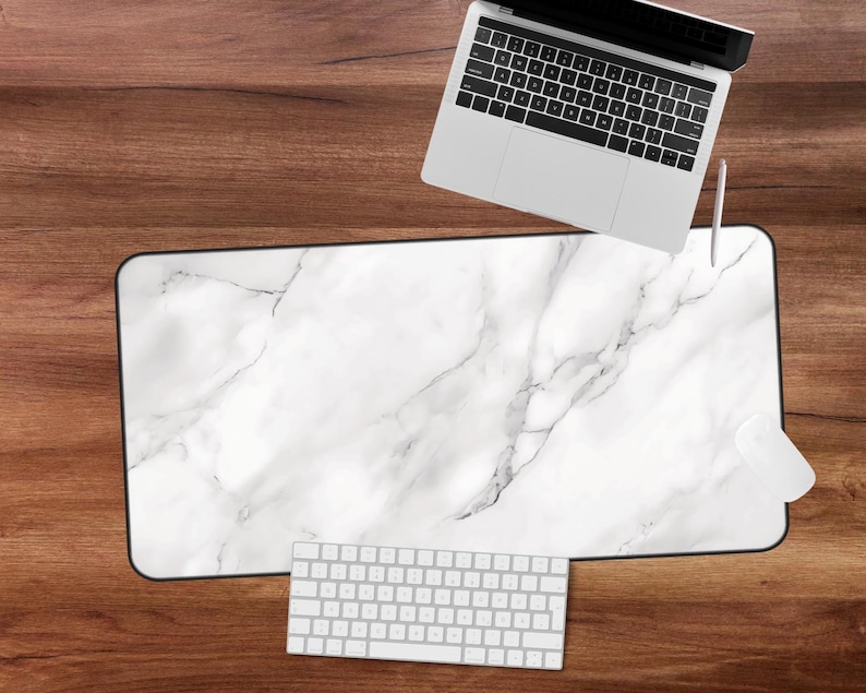 Classic White Marble Desk Mat Minimalist Abstract Deskpad Sleek White ...