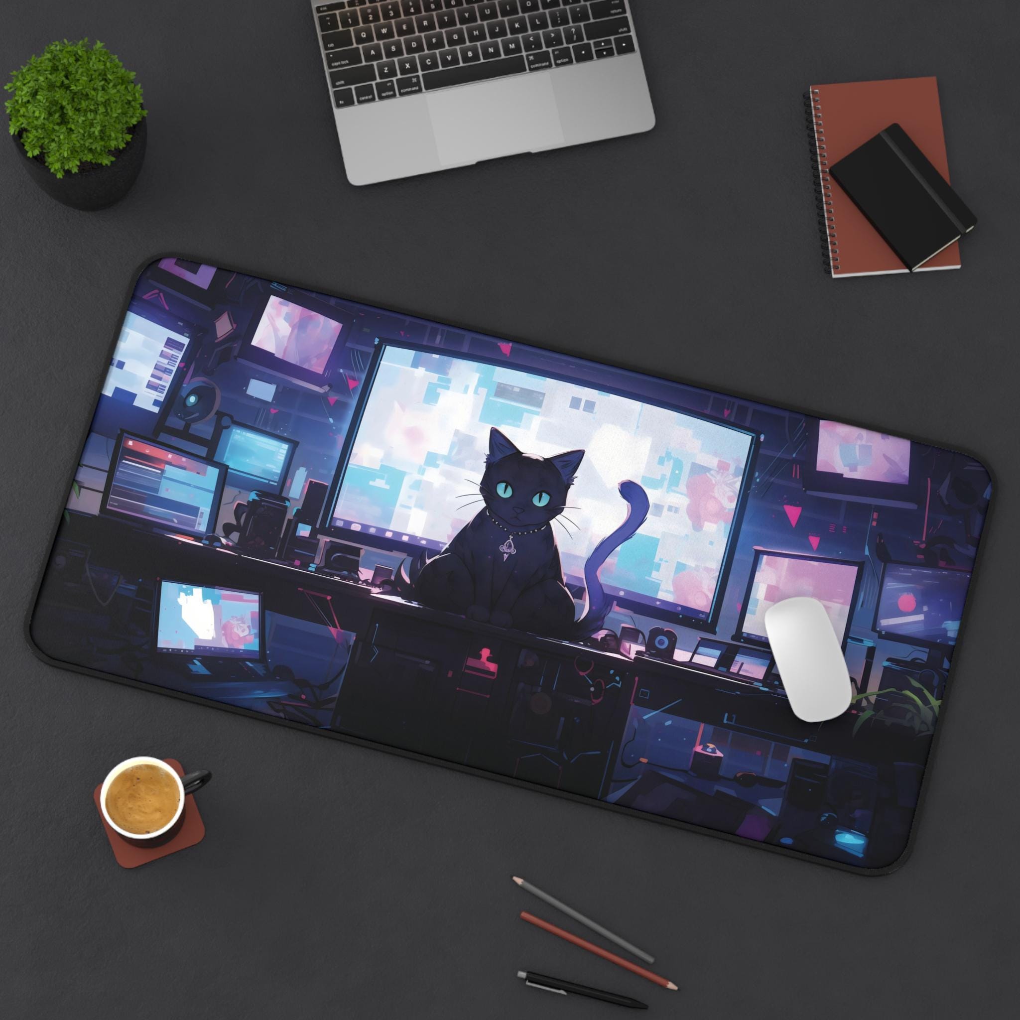 Cyber Cat Desk Mat Fantasy Cyberpunk Deskpad Sci-fi Cyborg Cat ...