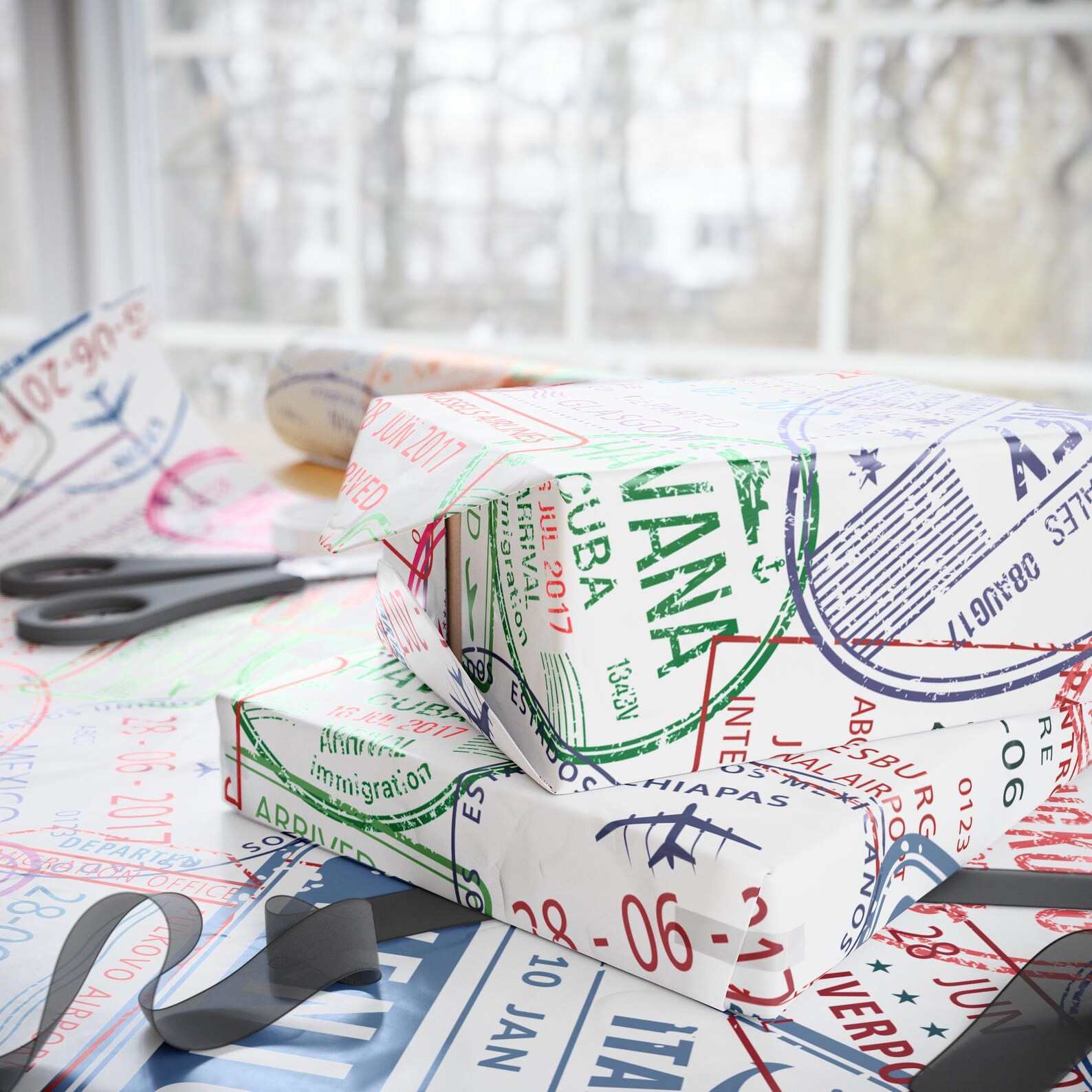 Travel Gifts Travel Collage Gift Wrap Passport Stamps Wrapping Paper ...