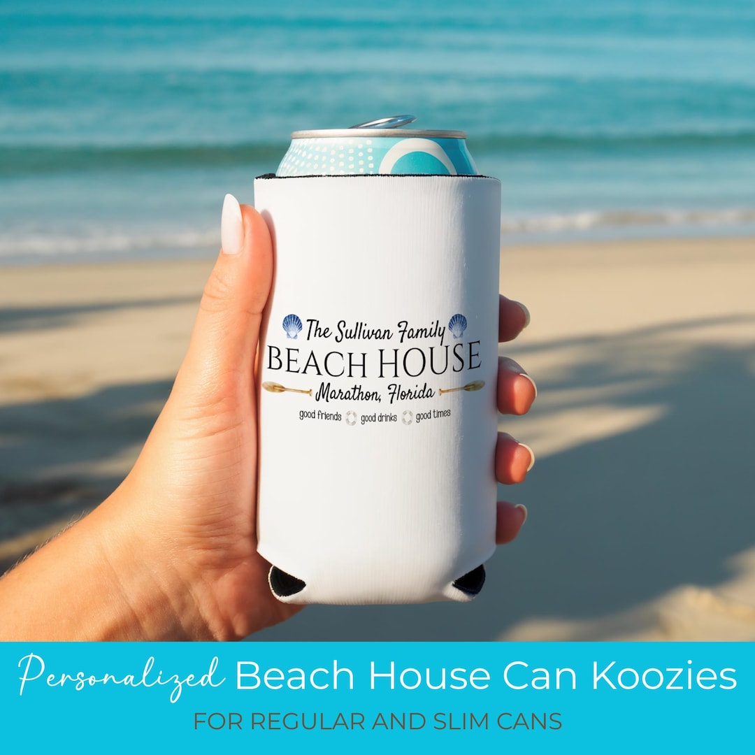 Custom Koozie Beach House Gift Personalized Can Cooler Custom Coolie ...