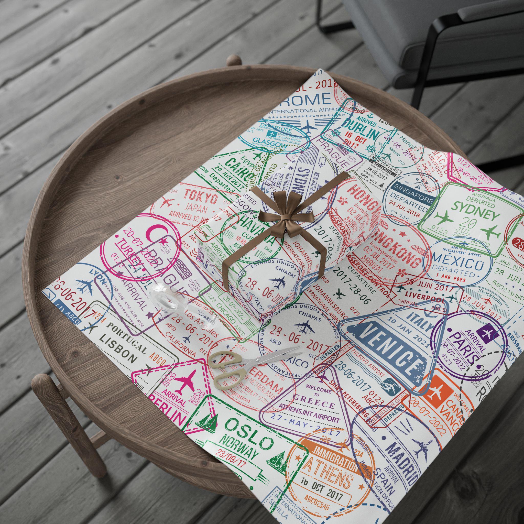 Travel Gifts Travel Collage Gift Wrap Passport Stamps Wrapping Paper ...