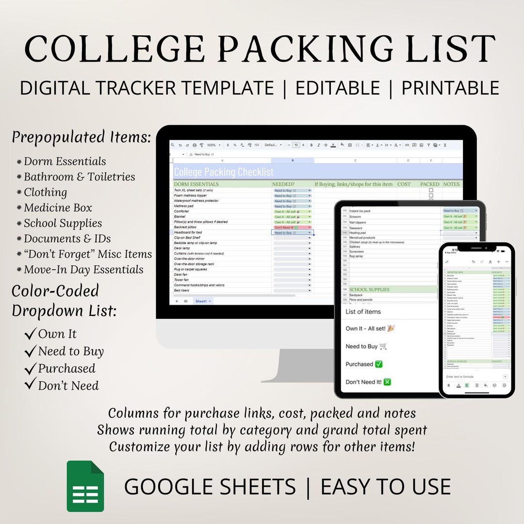 College Packing List | Editable & Printable Checklist Tracker Template ...