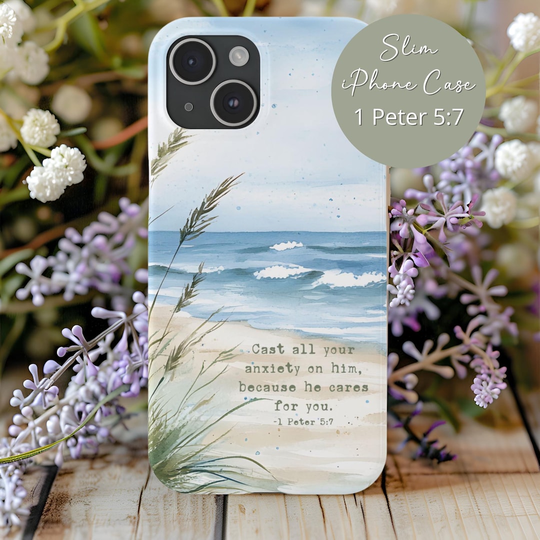 Christian iPhone Case Bible Verse Gifts Beach 1 Peter 5:7 Religious ...