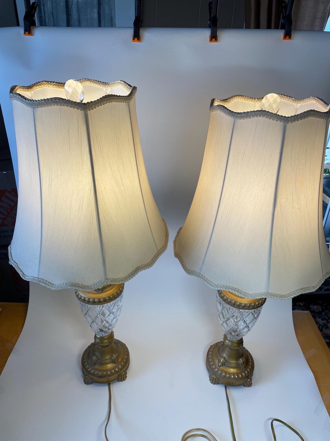 Vintage Heavy Cut Crystal & Brass, 33”, Table Lamps With Double Lined ...