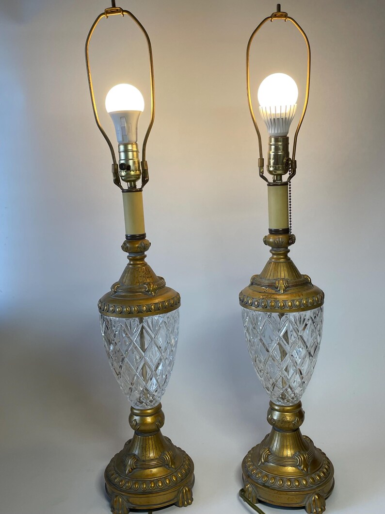 Vintage Heavy Cut Crystal & Brass, 33”, Table Lamps With Double Lined ...