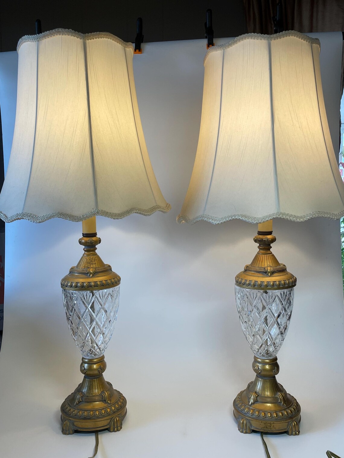 Vintage Heavy Cut Crystal & Brass, 33”, Table Lamps With Double Lined ...