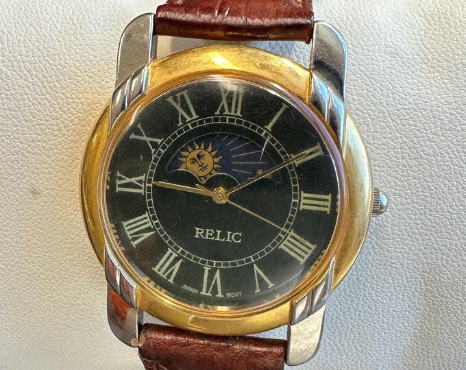 Relic - Moonphase Sun/moon Gold Tone Watch Leather Band - Etsy