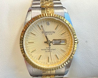 SWANSON Men's Waterproof Watch Round Gold Dial Index Hours Day & Date ...