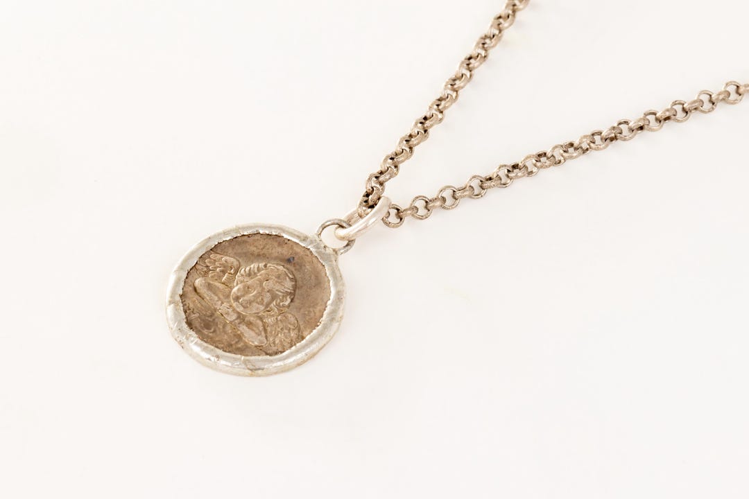 Hand Soldered Cherub Angel Replica Coin Charm Necklace With Silver Rolo ...
