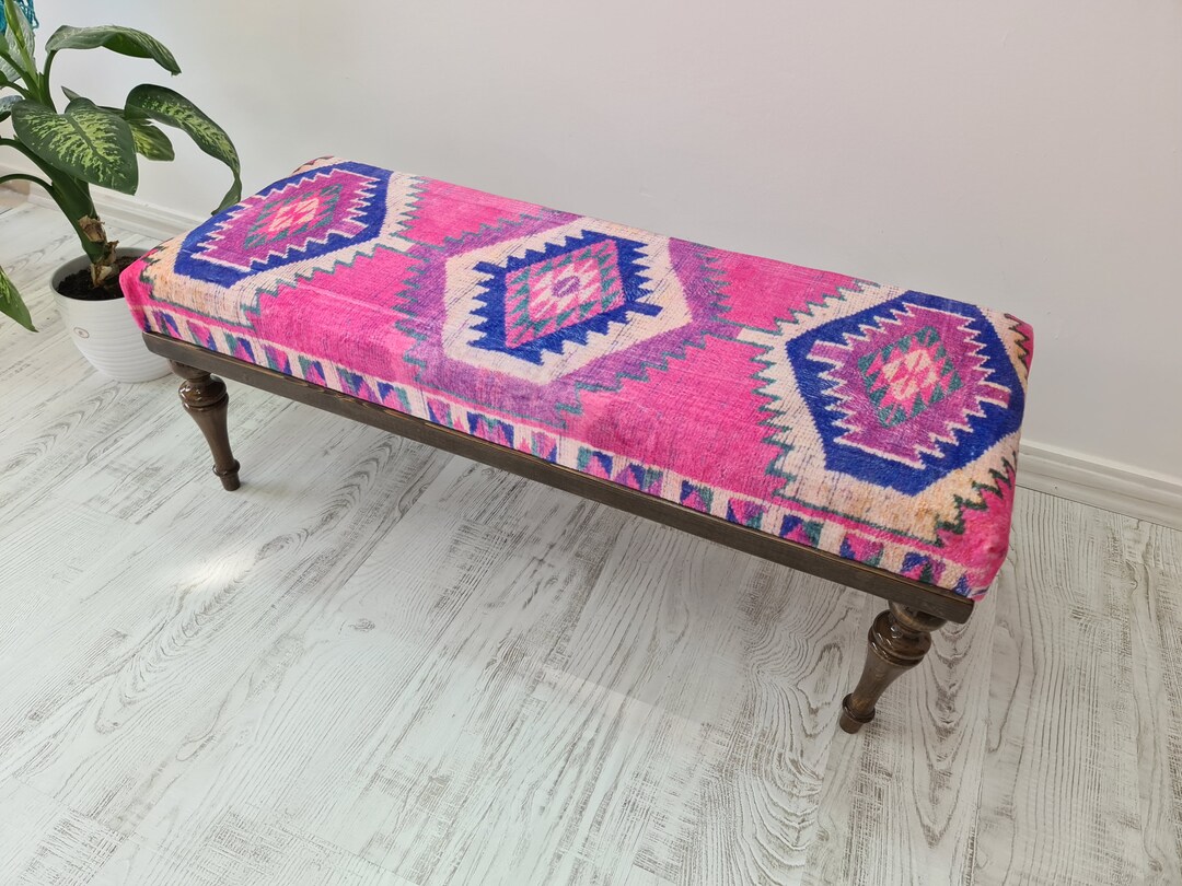 Printed Turkish Rug Upholstered Wooden Bench: Handmade Entryway Seating ...