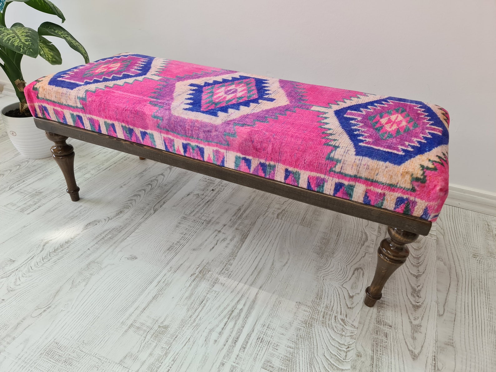 Printed Turkish Rug Upholstered Wooden Bench: Handmade Entryway Seating ...