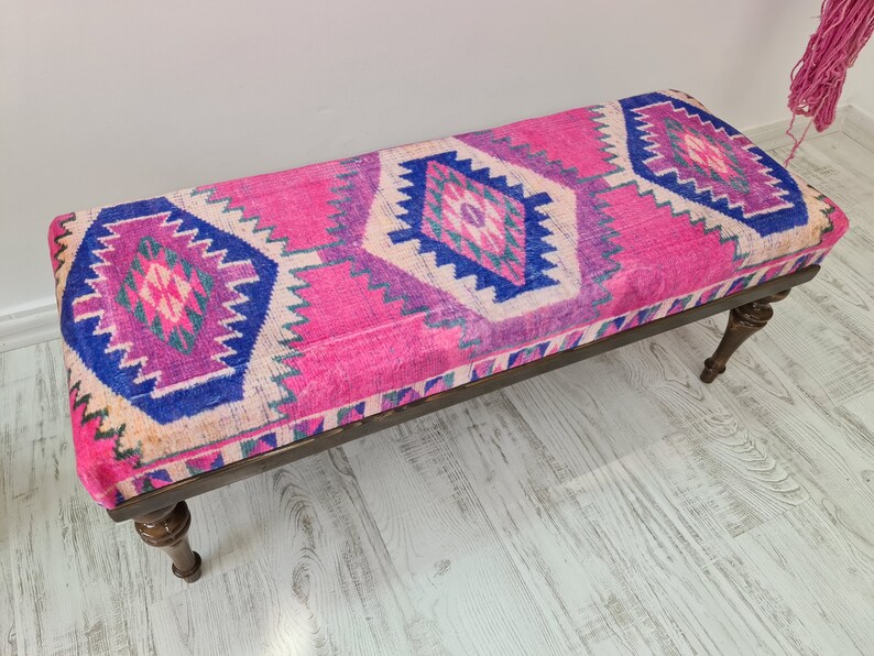 Printed Turkish Rug Upholstered Wooden Bench: Handmade Entryway Seating ...