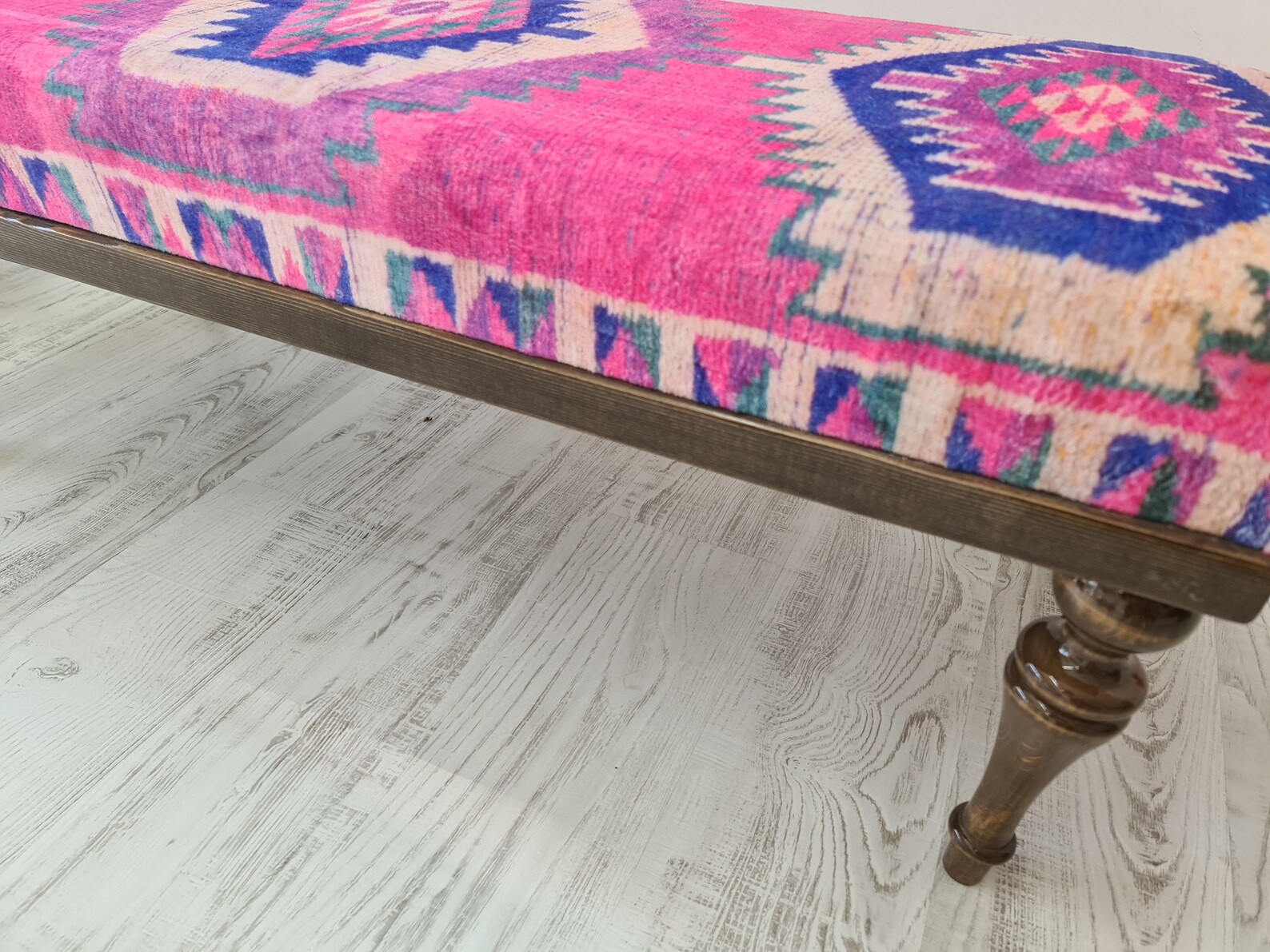 Printed Turkish Rug Upholstered Wooden Bench: Handmade Entryway Seating ...