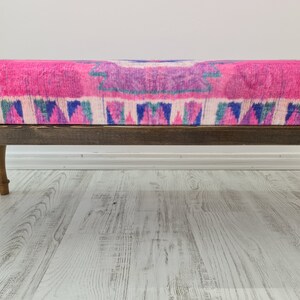 Printed Turkish Rug Upholstered Wooden Bench: Handmade Entryway Seating ...