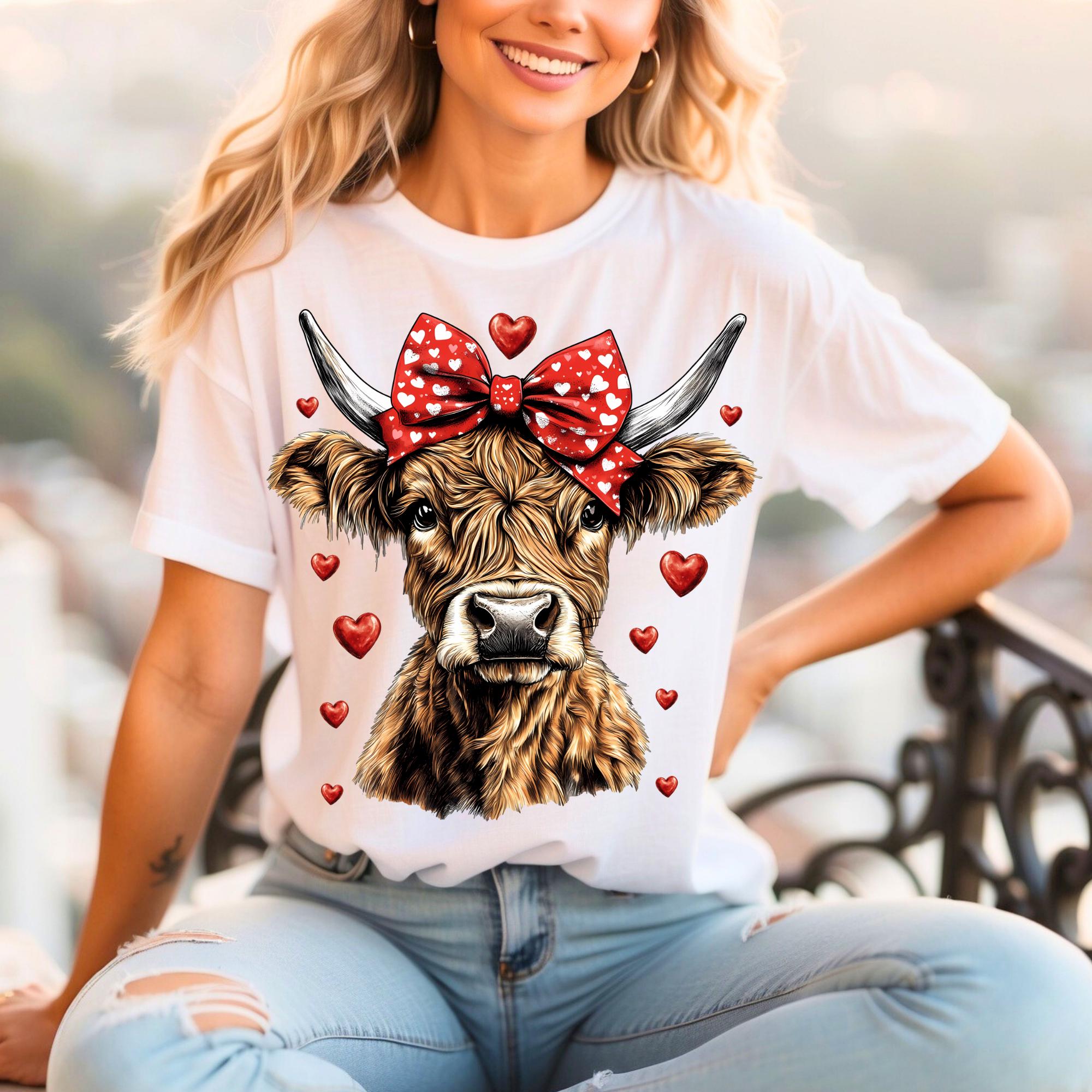 Highland Cow Valentine Png, Red Heart Bow Coquette Png, Cute Country ...