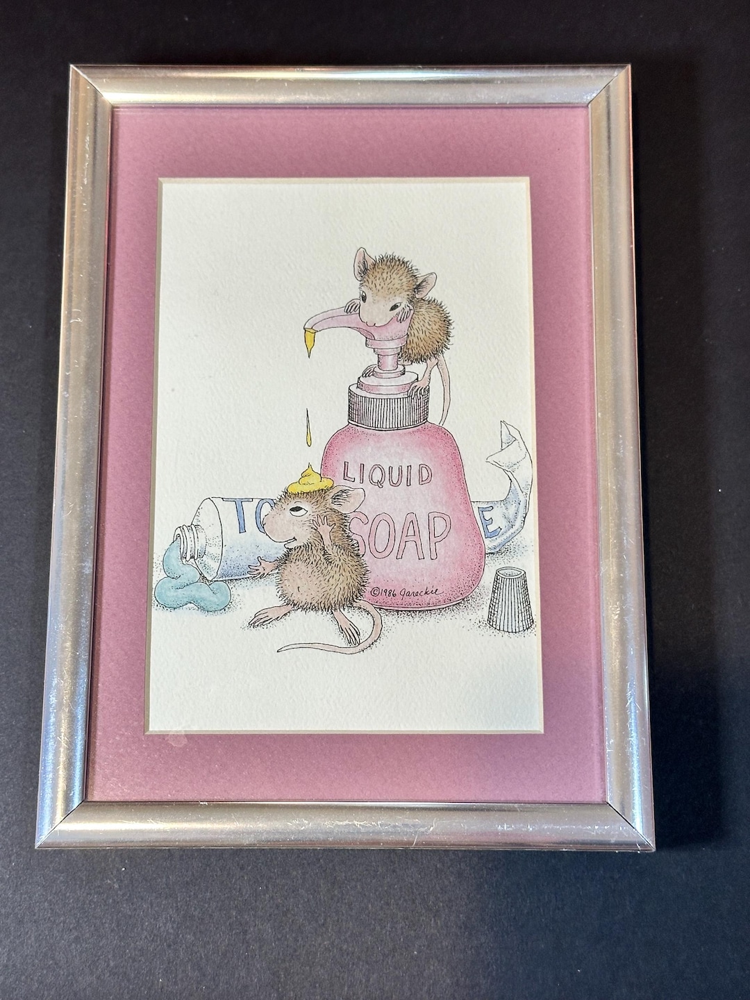 1986 Signed Artwork VINTAGE Mouse Bathroom WATERCOLOR and Ink Mice ...