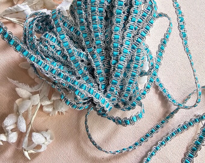 9Y Silver Vintage Metallic Trim With Pastel Turquoise Thread, Sewing ...