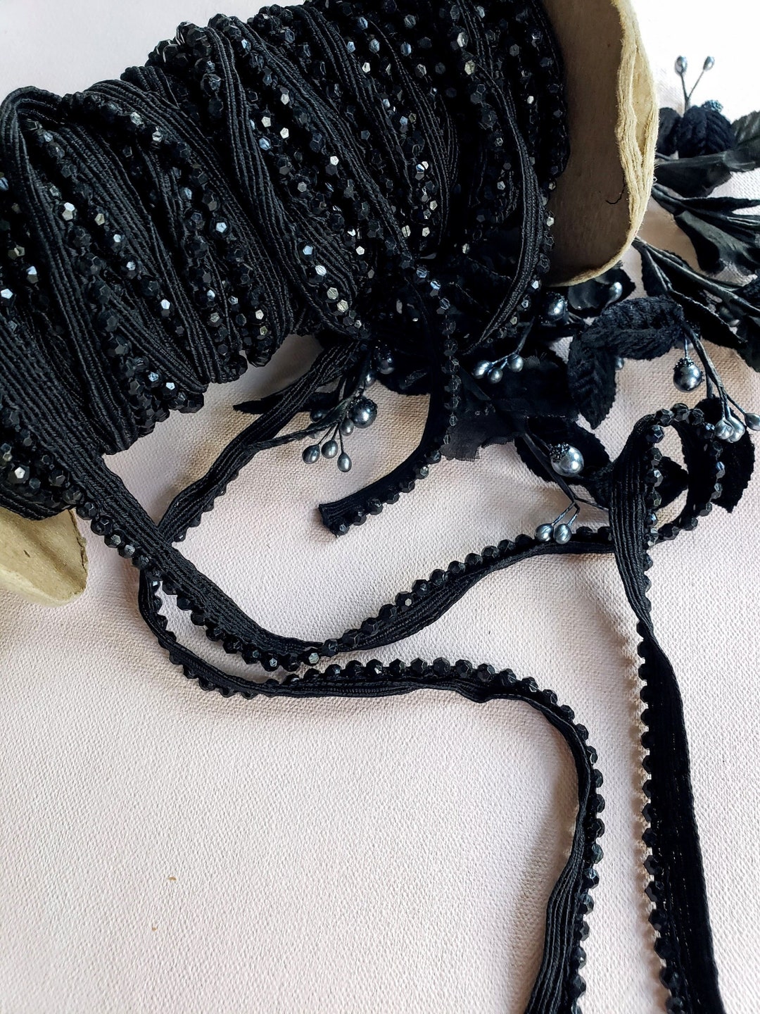 Black 1960's Vintage Faceted Beaded Trim, Piping, Flange, Sewing ...