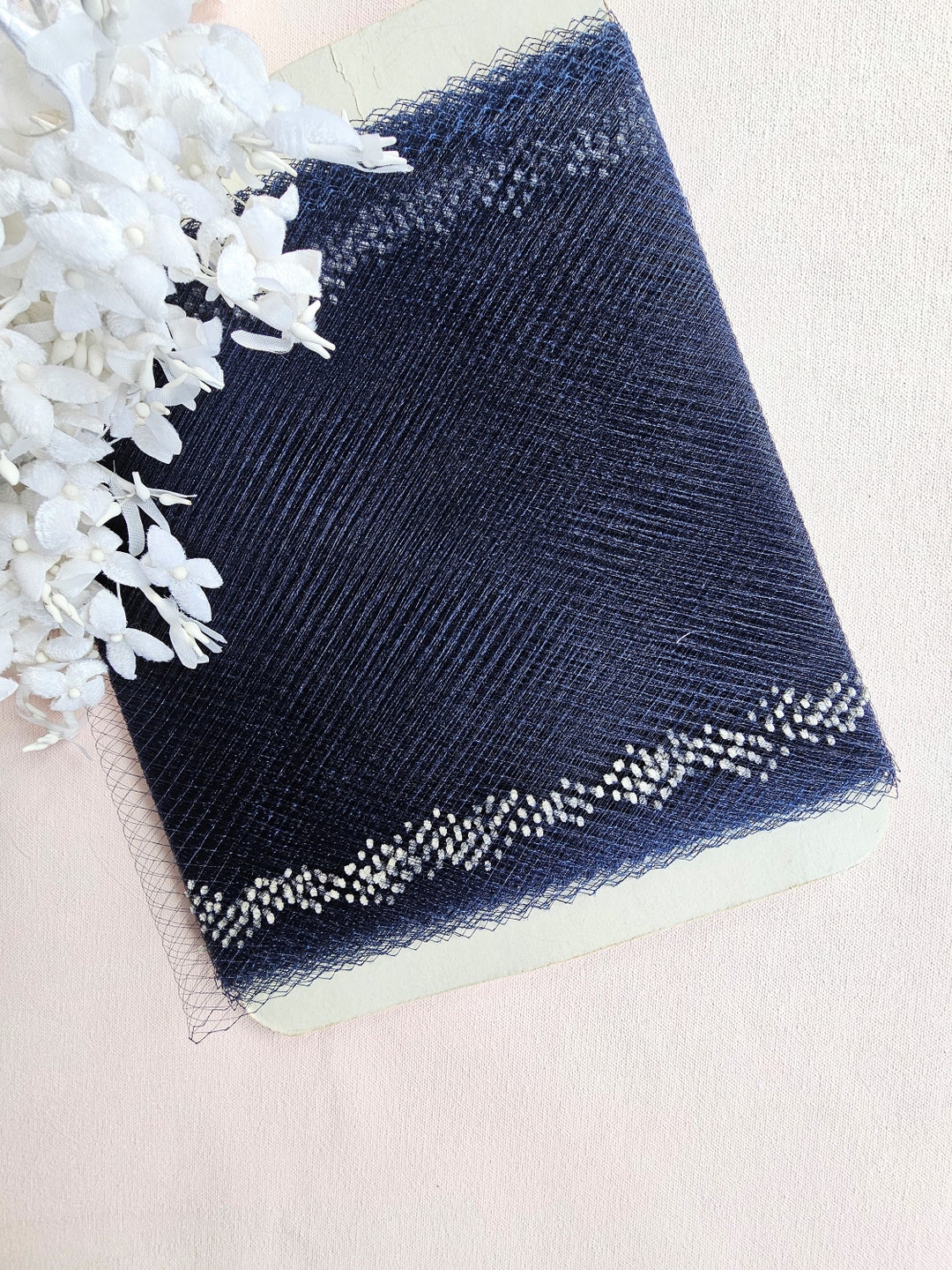 French Silk Veil Navy Blue With White Chenille Dot Diamond Pattern ...