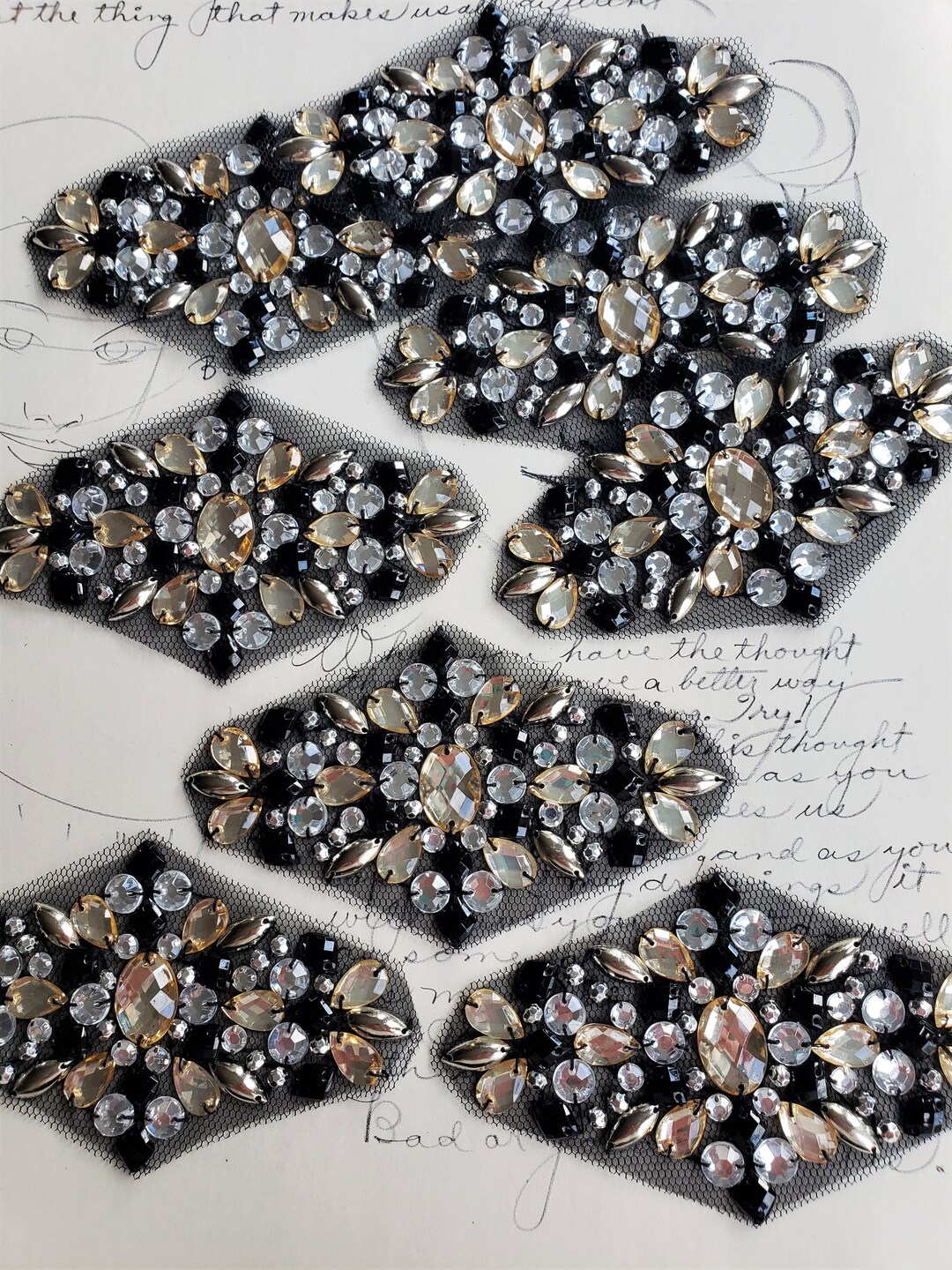 Rhinestone and Bead Applique, Black, Silver and Gold, Millinery, Dress ...