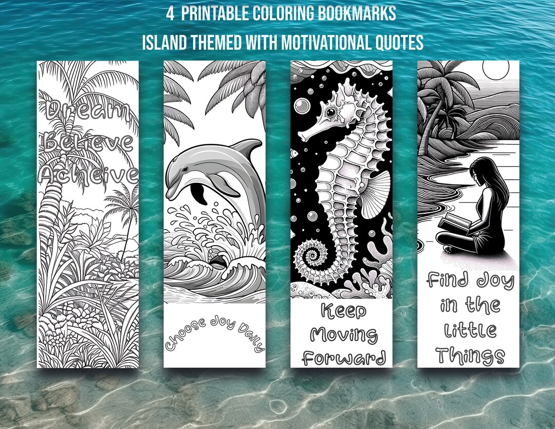4 Digital Coloring Printable Bookmarks Island Themed With Motivational ...