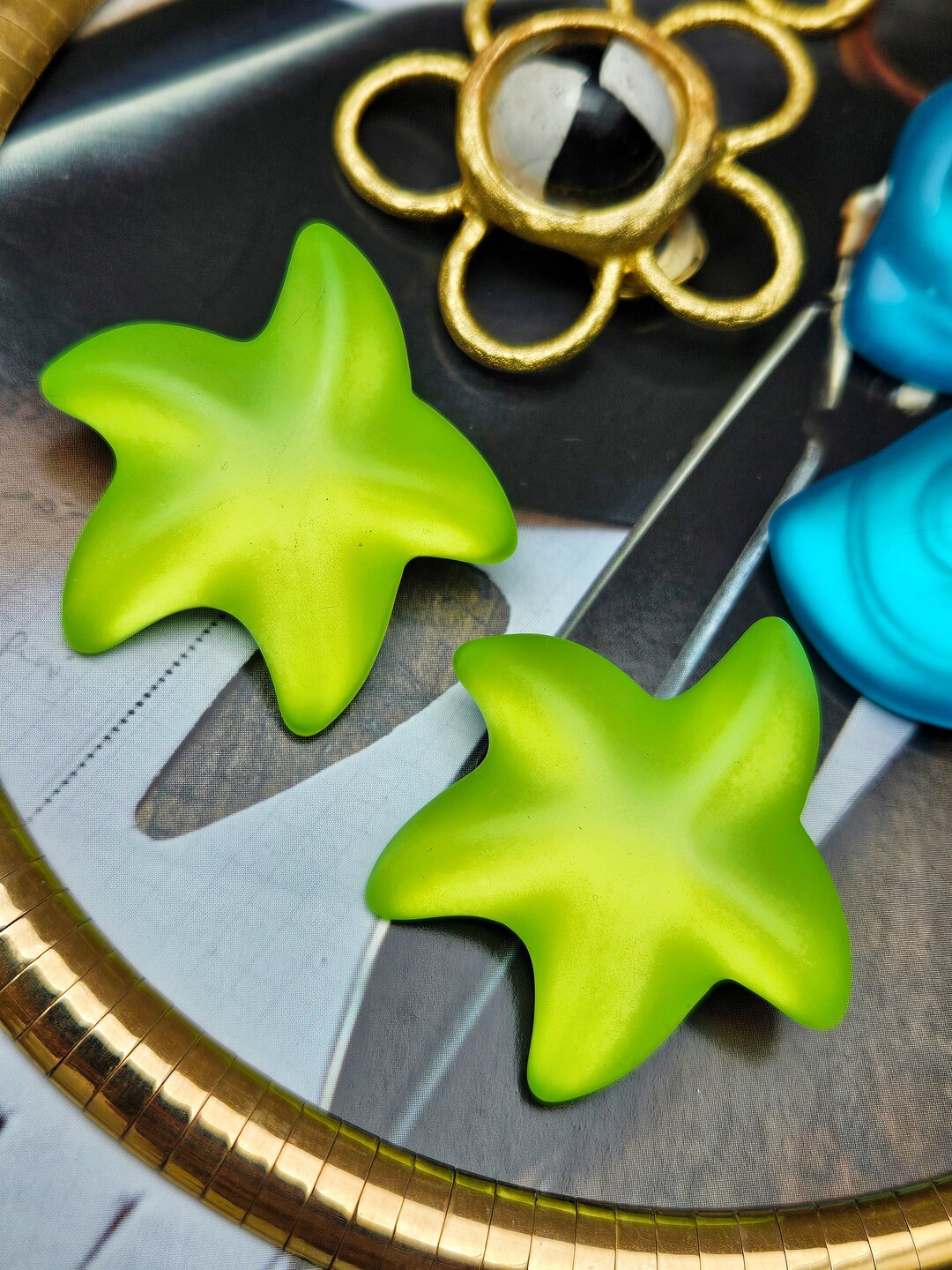 Marc Labat Green Star Statement Clip on Earrings Ear Clip Resin 1990s ...