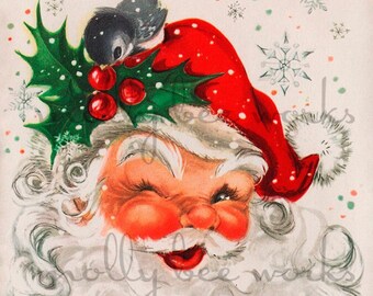 Vintage Christmas Card Jolly Winking Santa Printable Instant - Etsy
