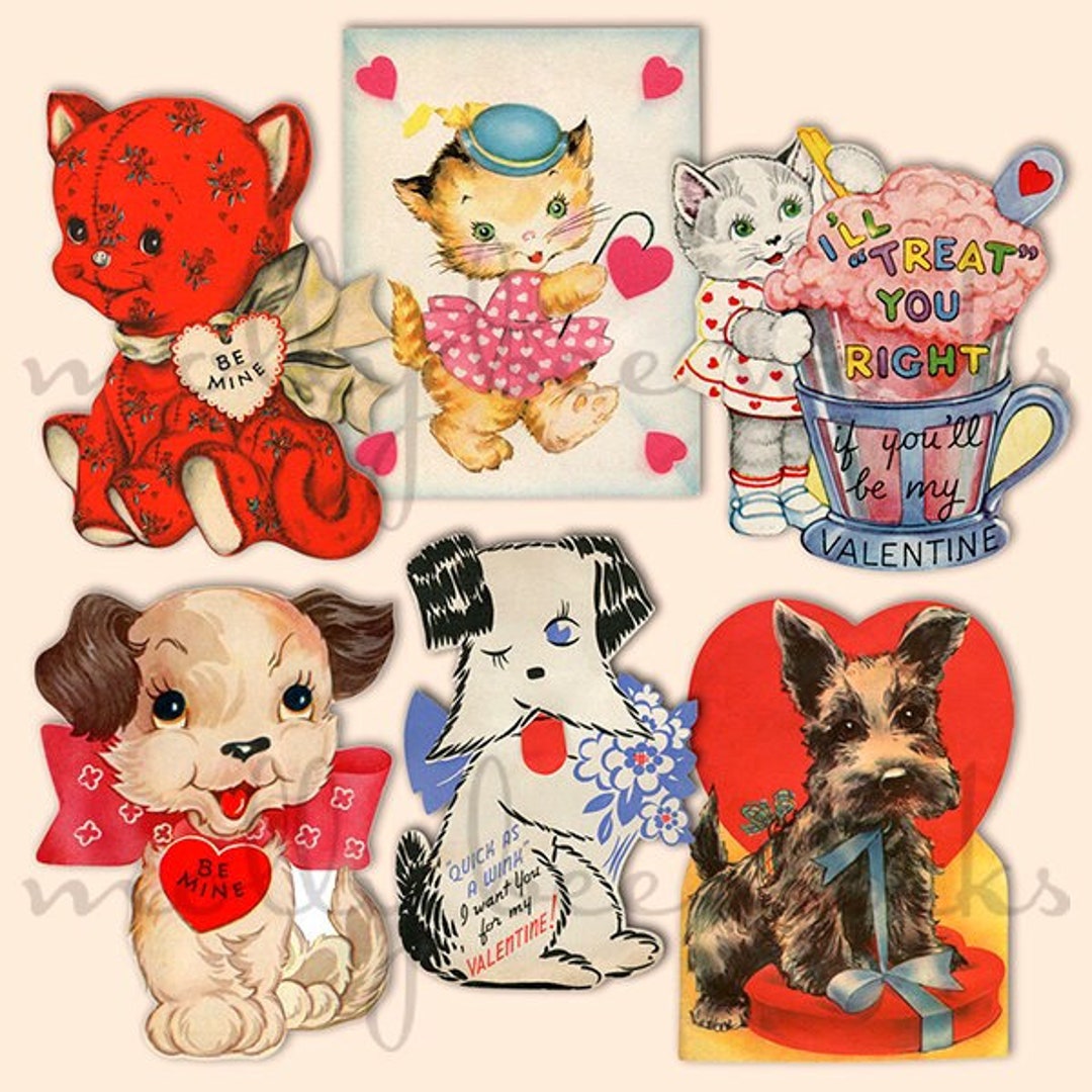 Vintage Valentine Sheet Adorable Cats and Dogs Instant Printable ...