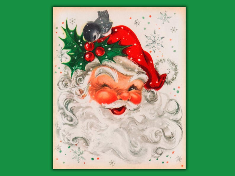 Vintage Christmas Card Image Jolly Winking Santa With Swirling Beard ...