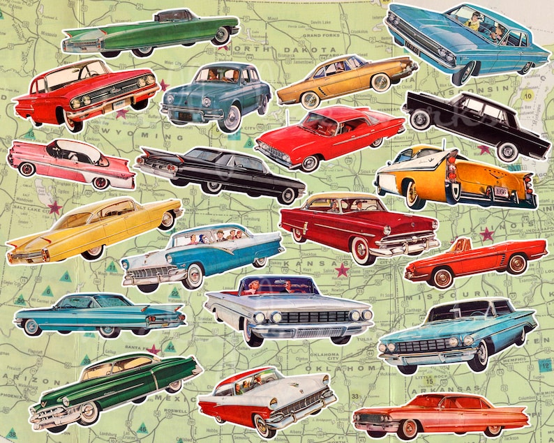 Printable Cut Outs Fussy Cuts Cool Old Vintage Cars Colorful Cadillacs ...