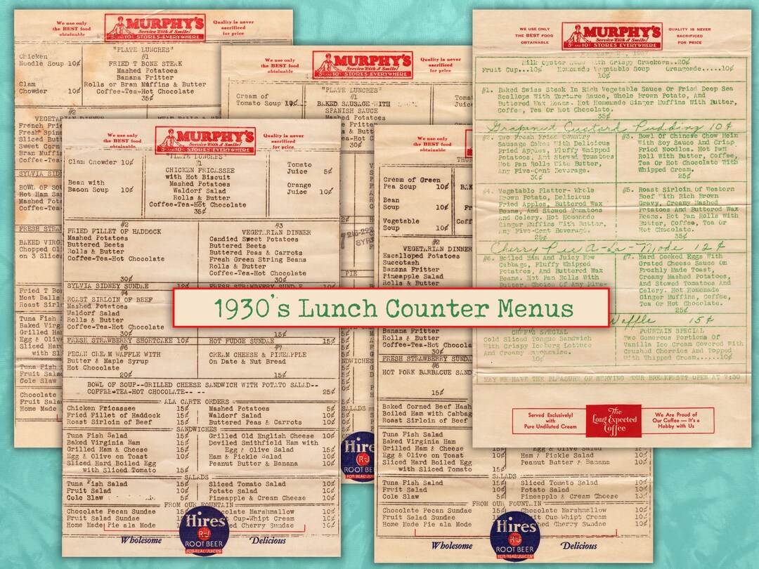 1930s Lunch Counter Menus Nostalgic Americana Murphy's 5 & Dime Stores ...