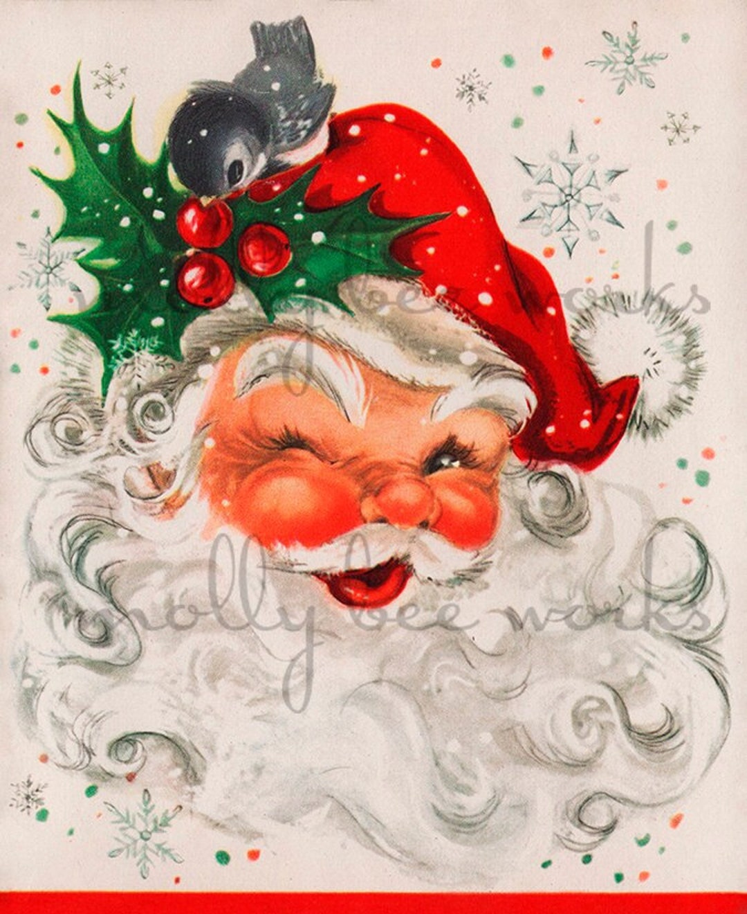 Vintage Christmas Card Jolly Winking Santa With Beautiful Beard Holly ...