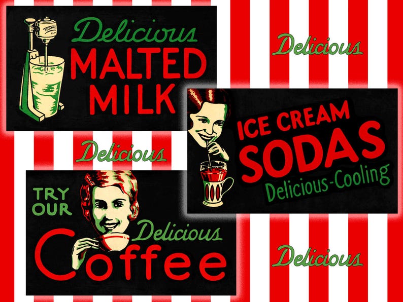 Antique Vintage 1930's Soda Fountain Lunch Counter Signs Malted Milk ...