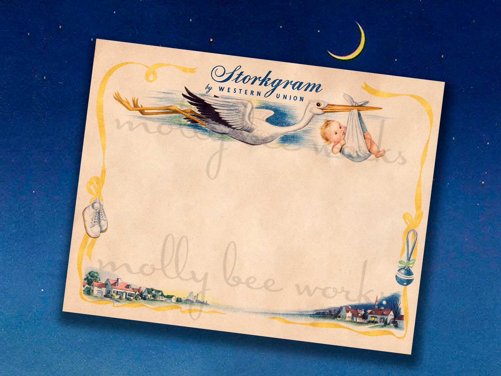 1940's Western Union Storkgram Baby Announcement Stork Carrying Blonde ...
