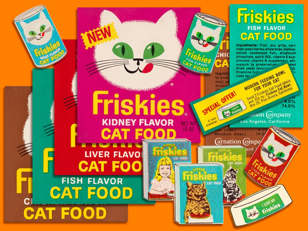 1970's Vintage Friskies Cat Food Labels Original Graphics Classic Cat ...