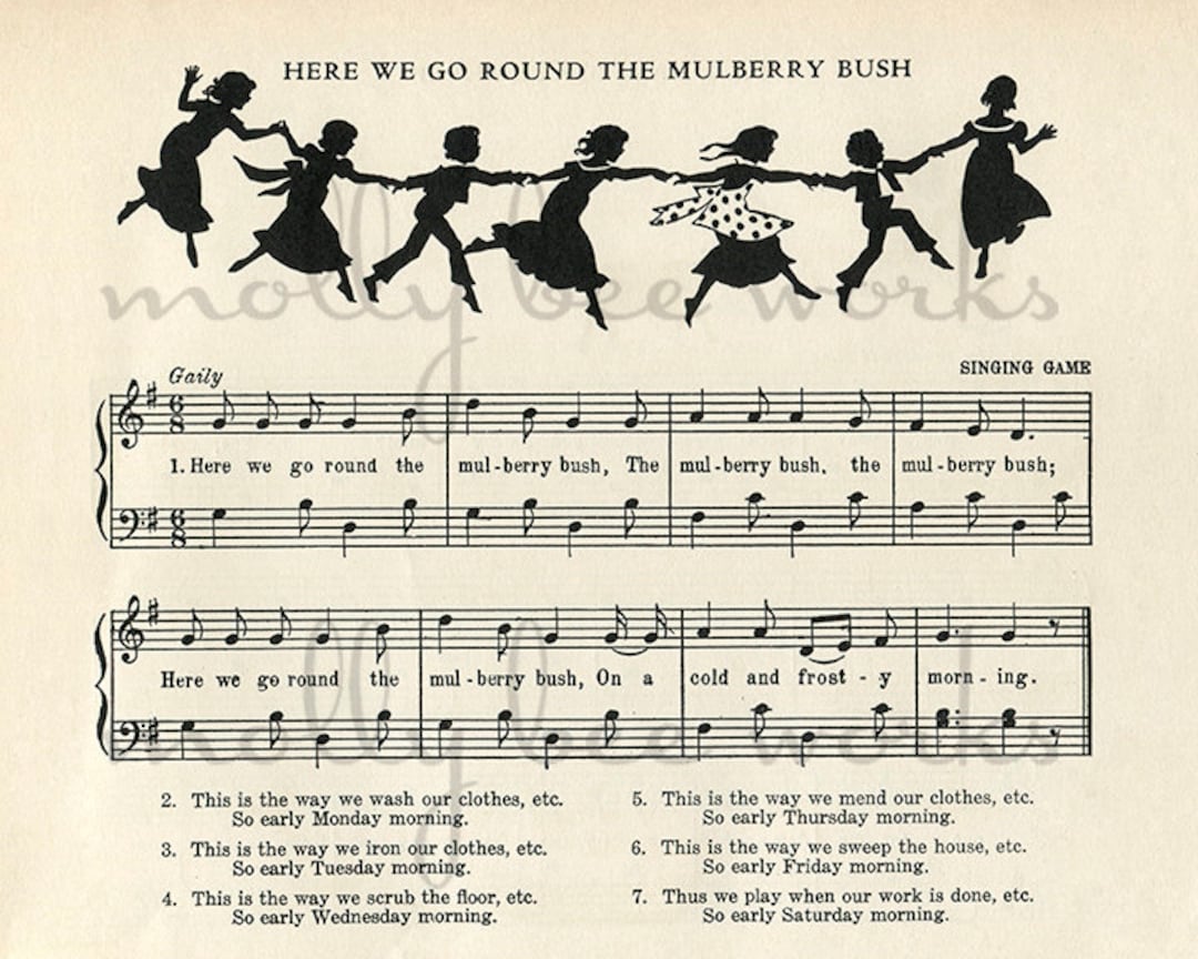 Vintage Song Sheet & Illustration Here We Go Round the Mulberry Bush ...