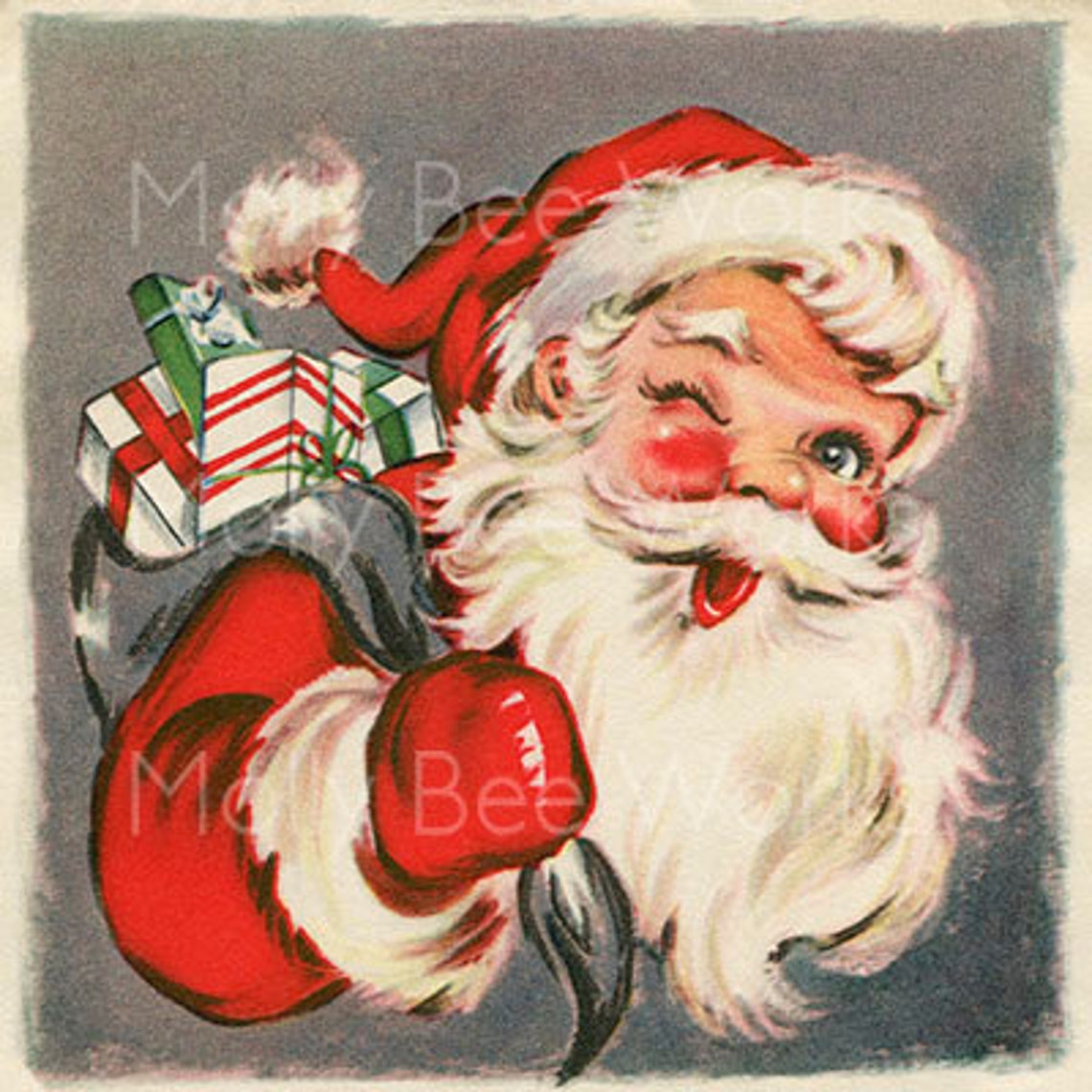 Vintage Christmas Card Jolly Winking Santa With Presents Printable ...