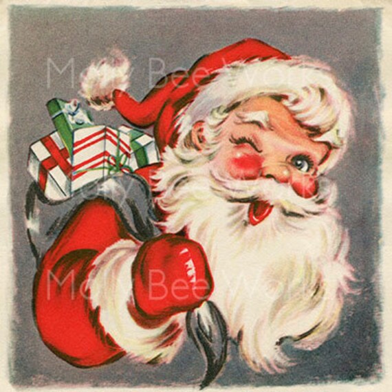 Vintage Christmas Card Jolly Winking Santa Printable Instant - Etsy
