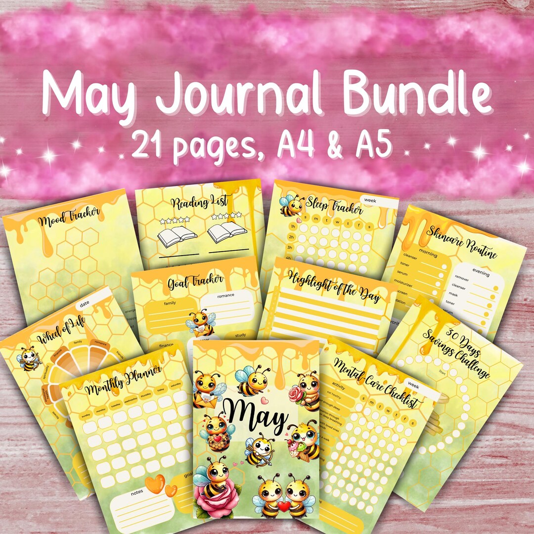 May Journal Bundle, Pre-colored Pages, Kawaii Bee Plants Bullet Journal ...