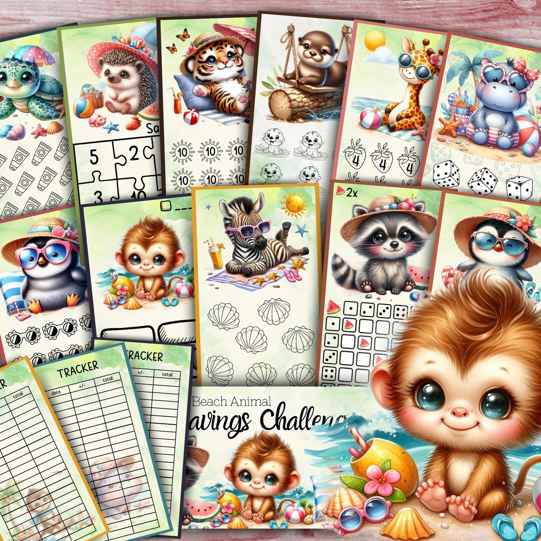 A6 Beach Savings Challenge Animal Printable Cash Envelope Budget Game ...