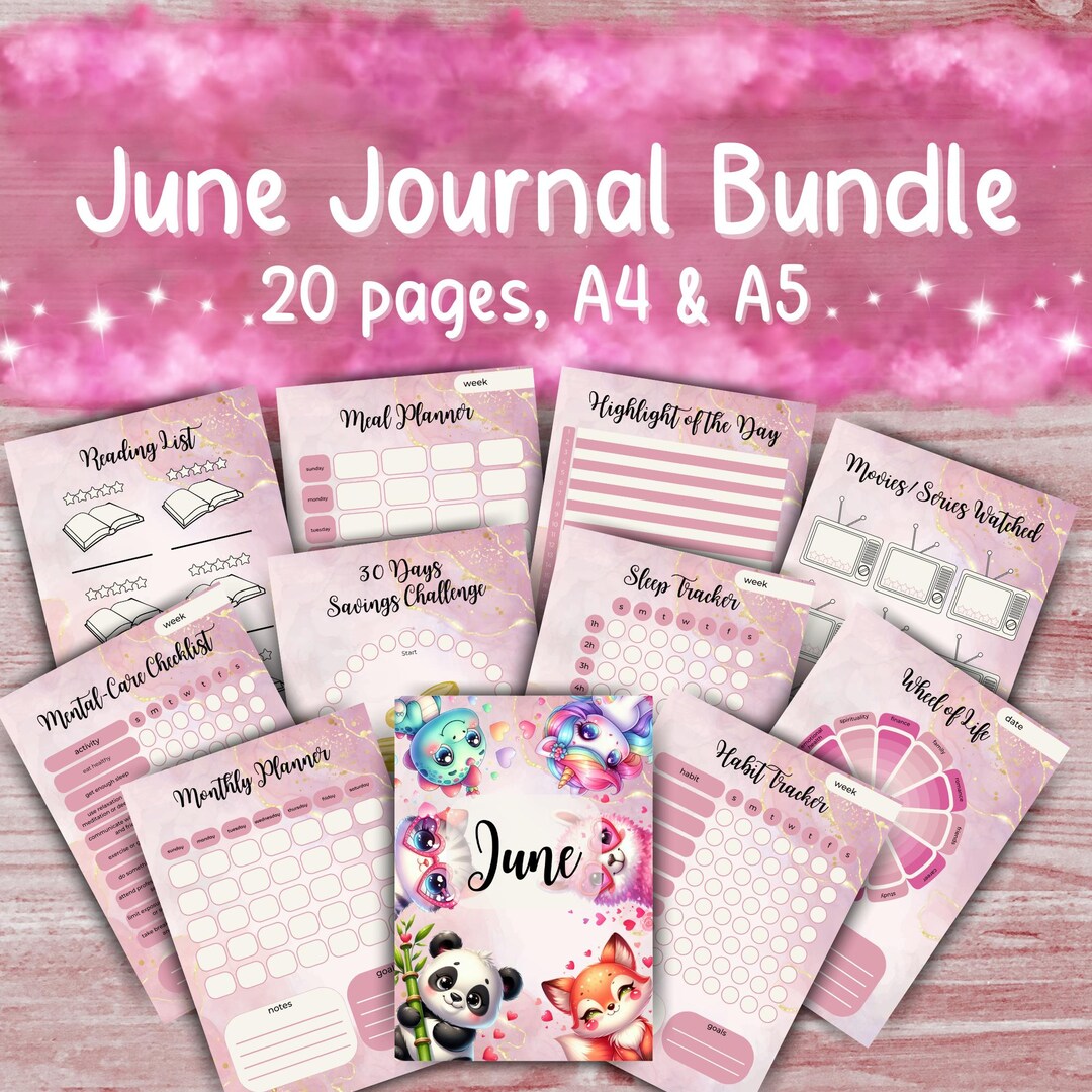 June Journal Bundle, Pre-colored Pages, Kawaii Animals Bullet Journal ...