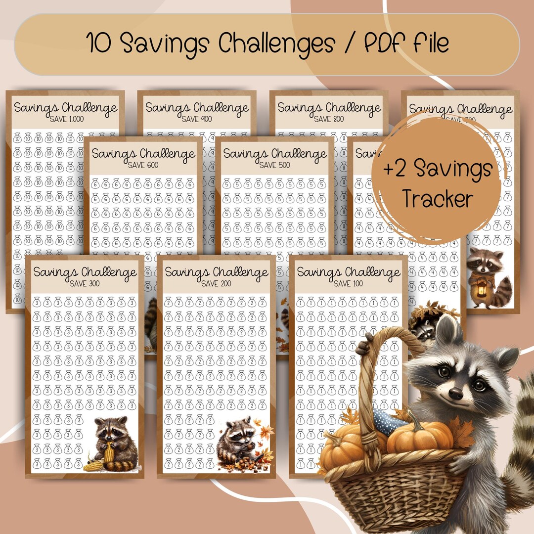 Cute Fall Money Saving Challenge, 10 Envelope Challenge, Racoon Savings ...