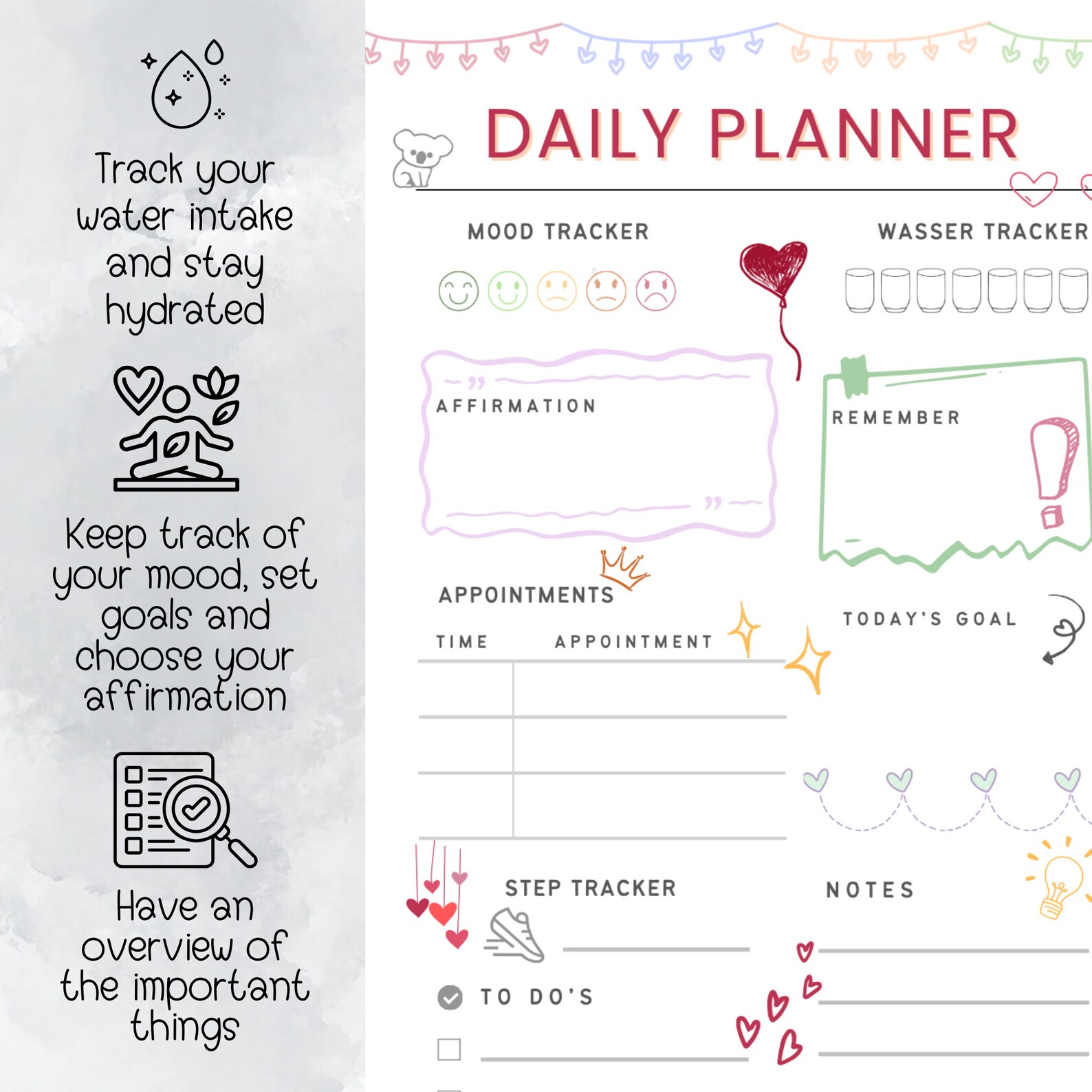 Adorable Daily Planner, Food Log, Health and Fitness Tracker, Gratitude ...