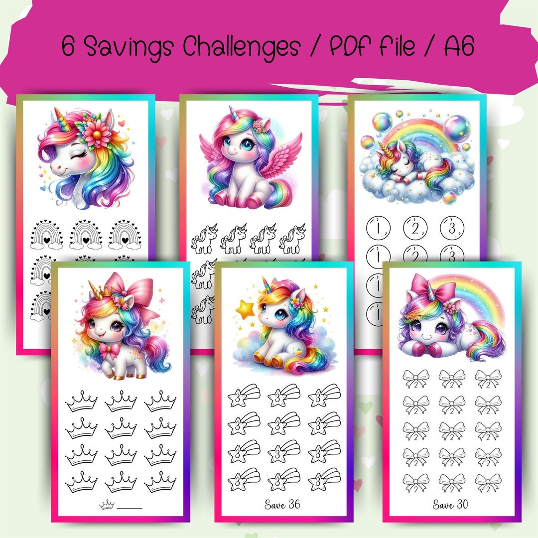Unicorn Rainbow Savings Challenges, Fluffy Pegasus Mini Savings ...