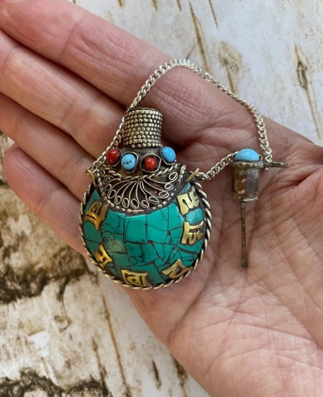 Turquoise & Coral Inlay Perfume Bottle Ethnic Tibetan Tribal Pendant ...